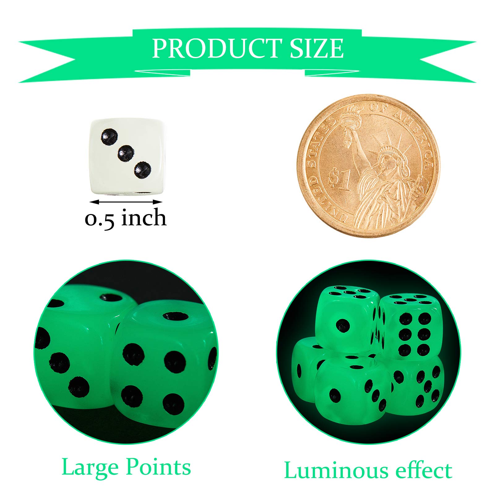 Sumind Glow in The Dark Dice 6 Sided Dice with Black Velvet Pouches for Table Board Games, Party Favors, Toy Gifts(54 Pieces)