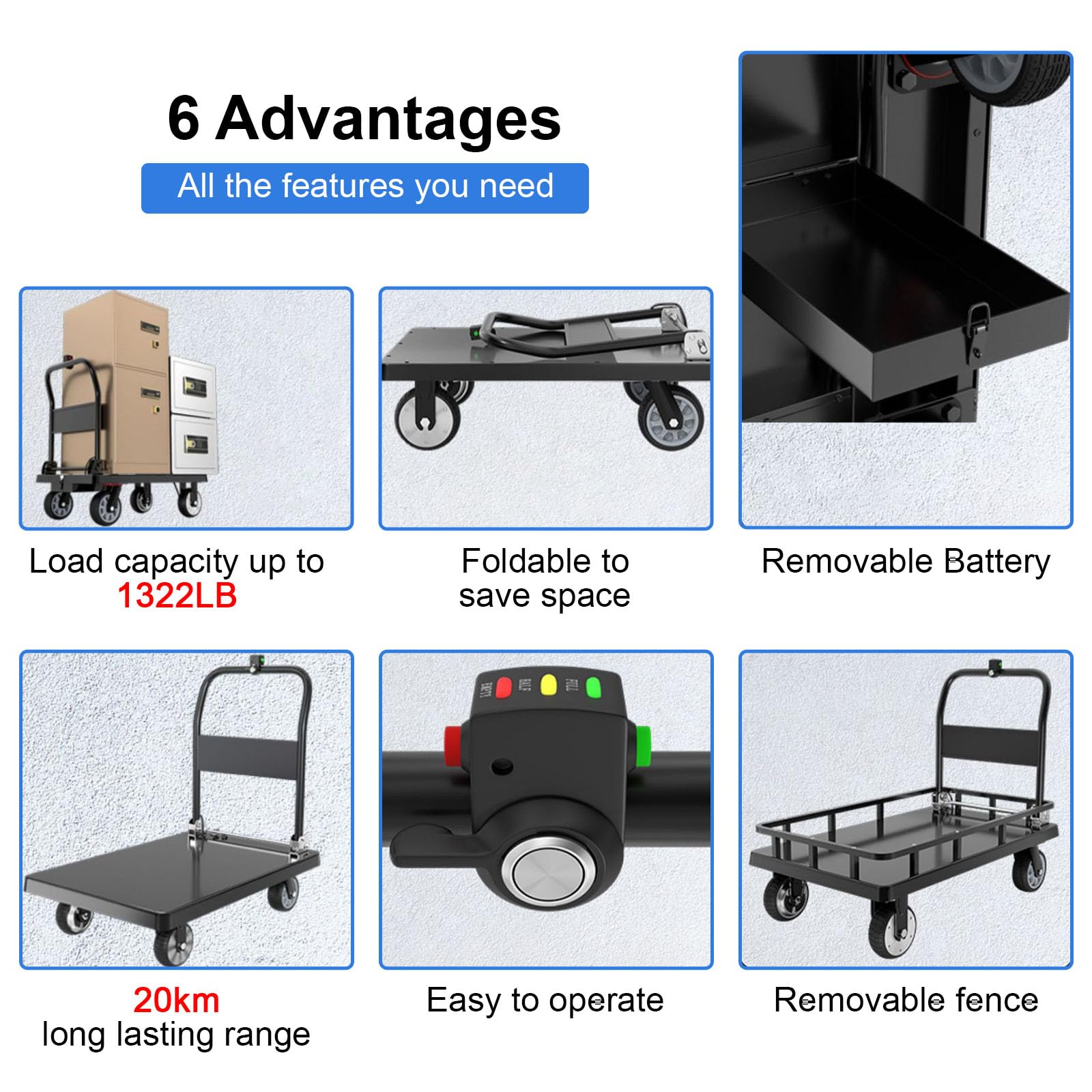 Electric Push Cart Dolly, Moving Platform Hand Truck, 1322 lb Weight Capacity, 20KM Range, Foldable, 360 Degree Swivel Wheels, Black (with Fence, 35.4 * 23.6inch)