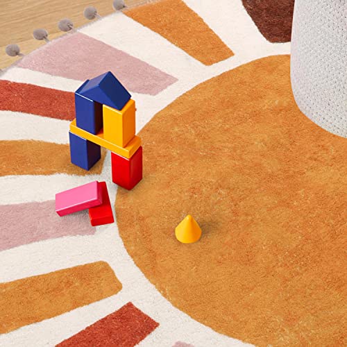 LIVEBOX Retro Sun Round Rug 5.2ft, for Entryway, Non-Slip Cute Colorful Kids Circle Boho Carpet for Bedroom,Nursery Washable Throw Area Rug for Living Room Office