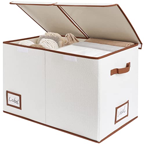 LoforHoney Home Large Storage Bin with Lid for Clothes, Foldable Laundry Basket with Durable Handles, Double Laundry Hamper with Divider, Fabric Storage Bin with Lid for Organizing, Beige