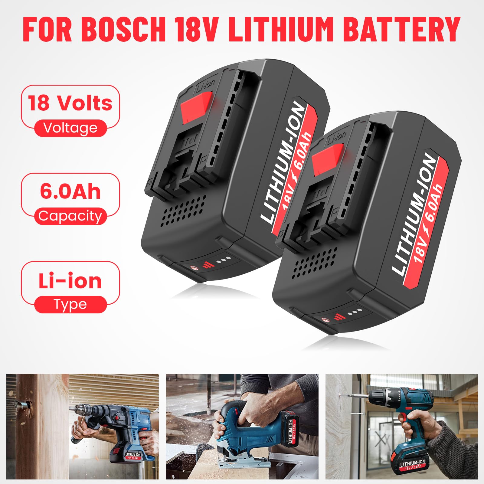LabTEC 2-Pack 6.0Ah 18V Lithium Battery BAT609 and Battery Charger Kit Compatible with Bosch