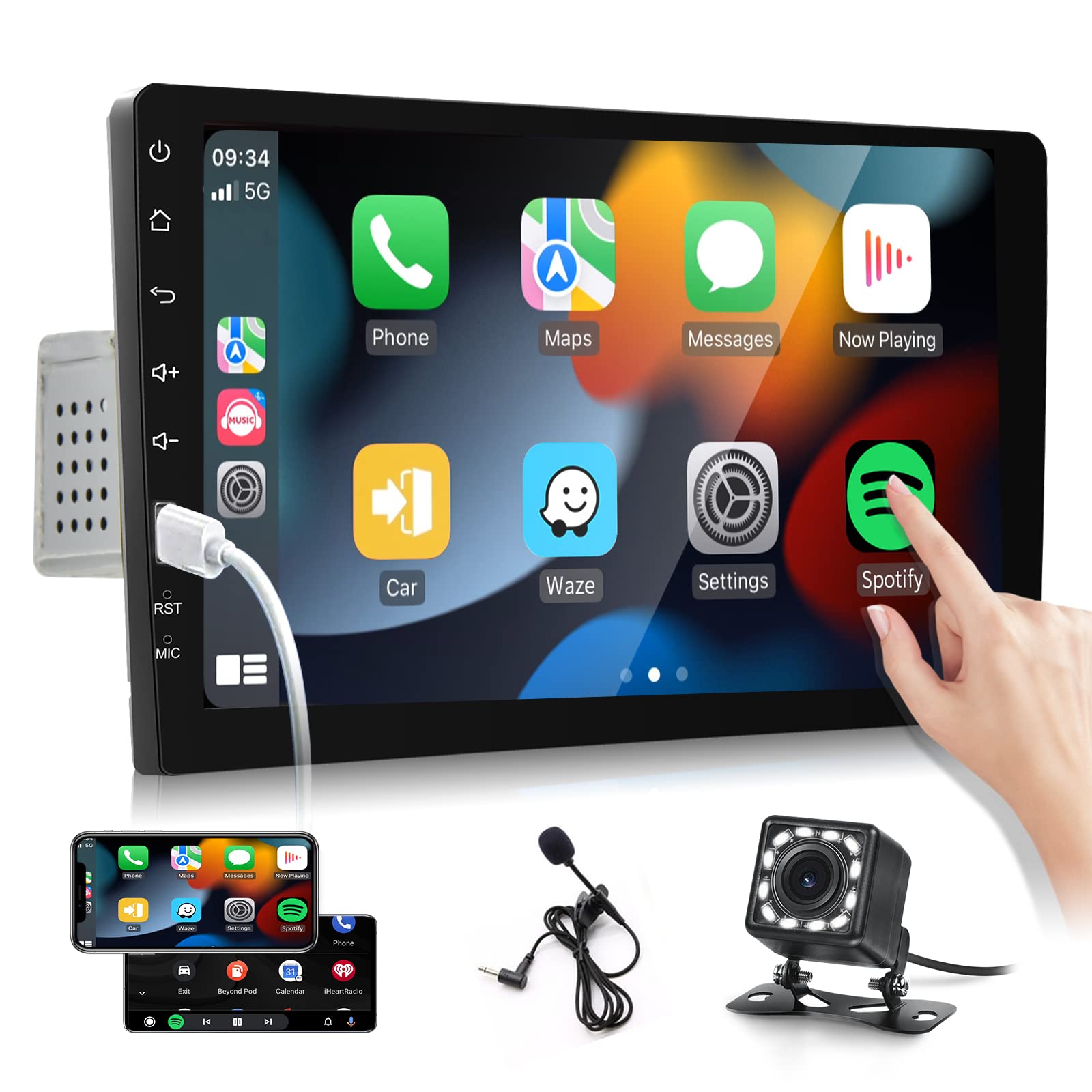 Single Din Car Stereo Support Carplay & Android Auto 9'' Touch Screen Car Audio EQ Multimedia Player Built-in Mirror Link USB Bluetooth Handsfree Call with FM/AM Radio Receiver Rear View Camera SWC