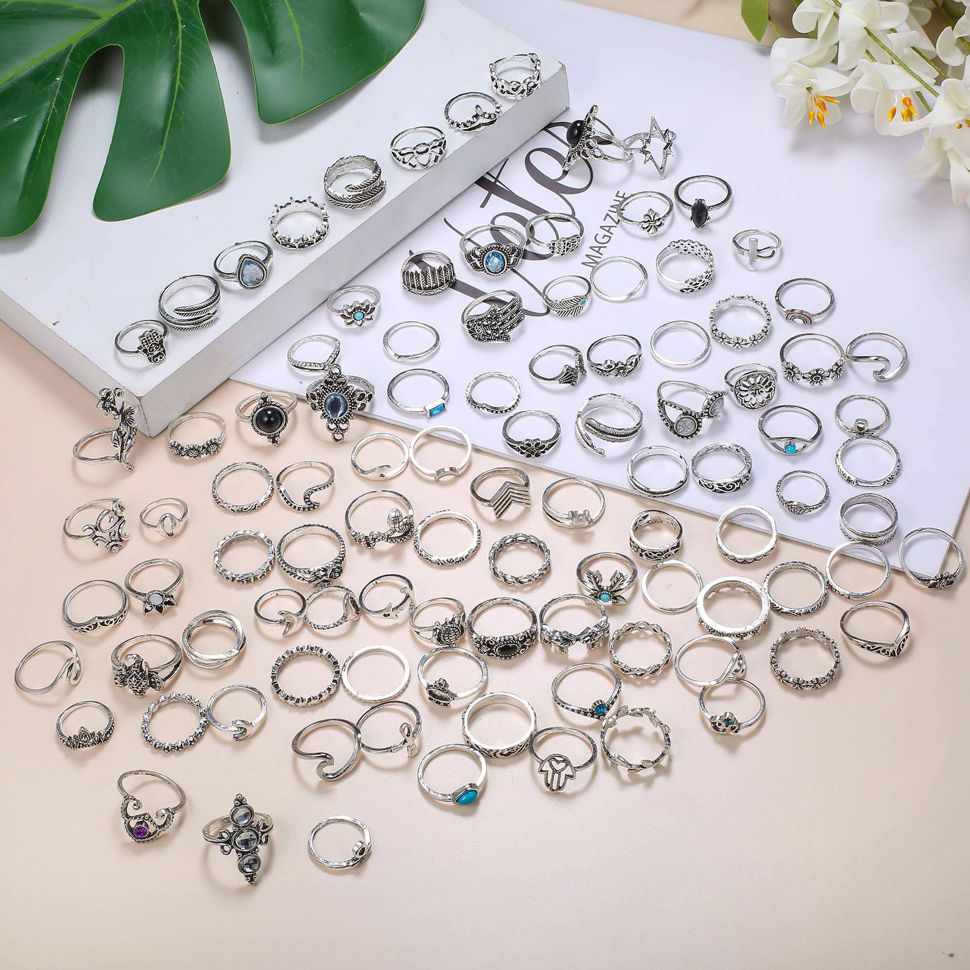 CASSIECA 99-109 Pcs Knuckle Rings for Women Vintage Bohemian Stackable Rings Set Mid Finger Rings