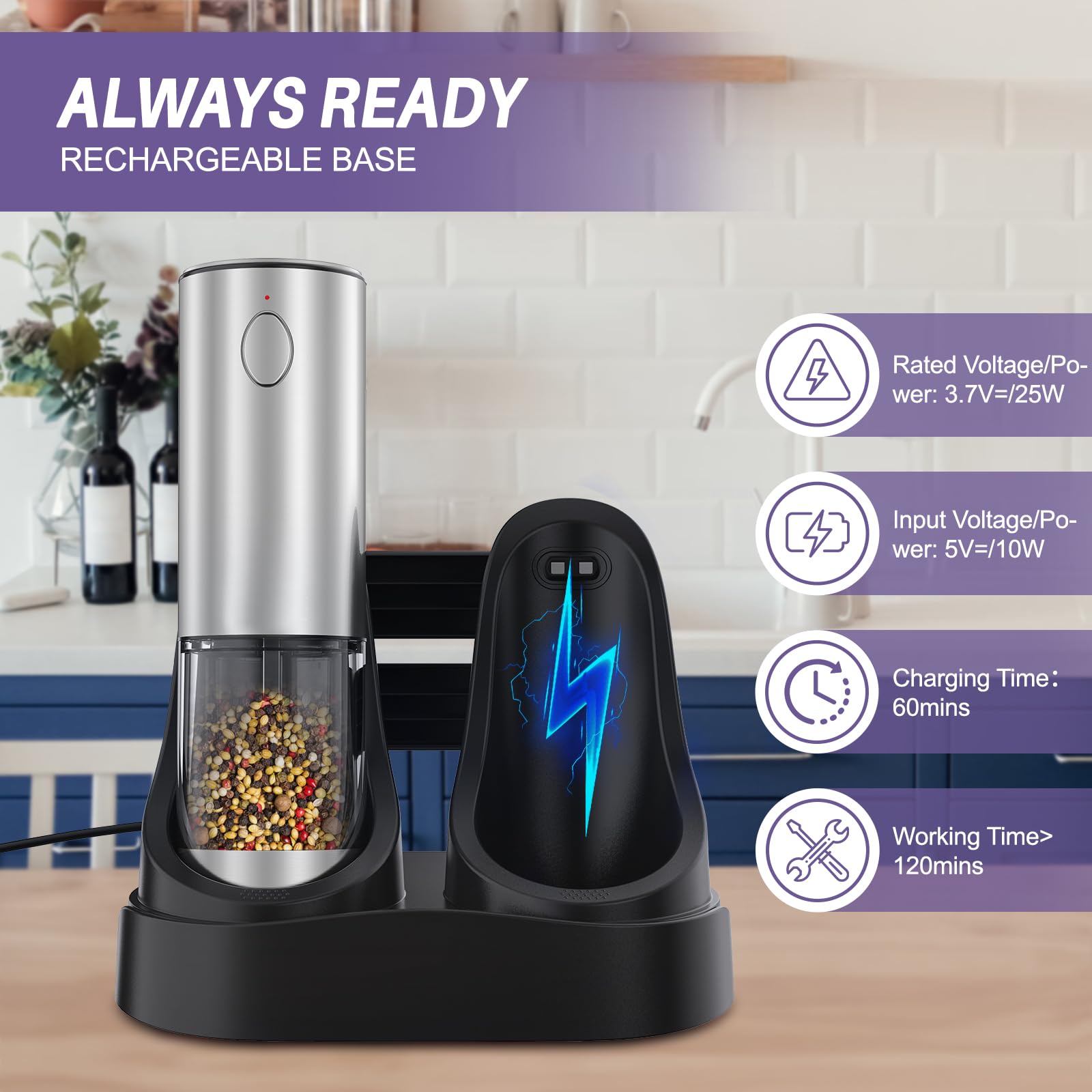 Electric Salt and Pepper Grinder Set, Automatic Pepper Mill Grinder w/Upgraded Charge Base and LED Light,Adjustable Coarseness,Rechargeable Black Peppercorn & Sea Salt Spice Mill Set