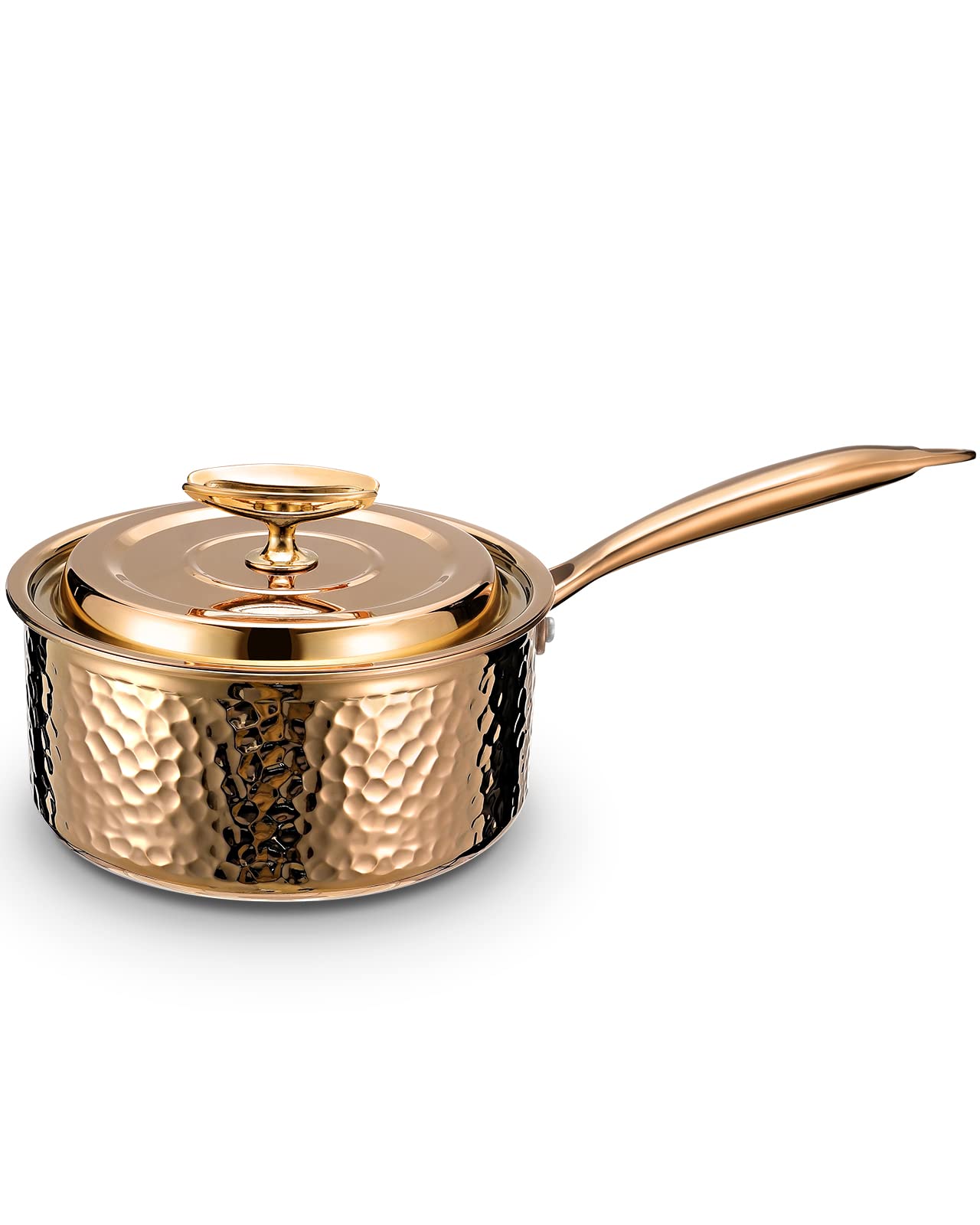 DAEDALUS 3 Quart Uncoated Nonstick Saucepan with Lid, Stainless Steel Pot Triply Hammered Copper for Cooking, Induction Saucepan Cookware for Home Kitchen Restaurant, Dishwasher Oven Safe - Gold