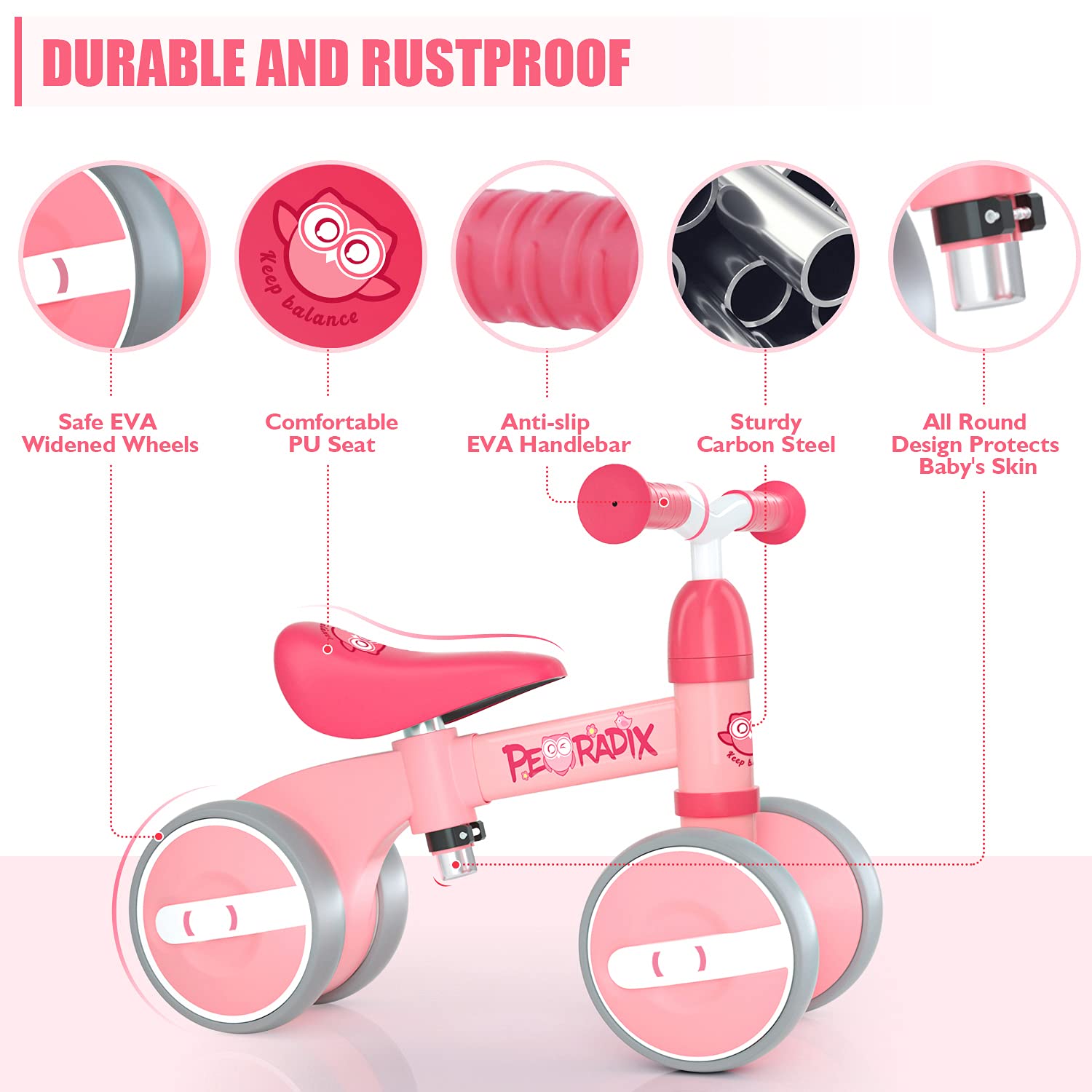 Peradix Balance Bike, Pink, Adjustable 7'' Wheels for 1-3 yr Old Toddlers, Promotes Walking & Riding Skills, BPA-Free, ASTM F963-11 Certified