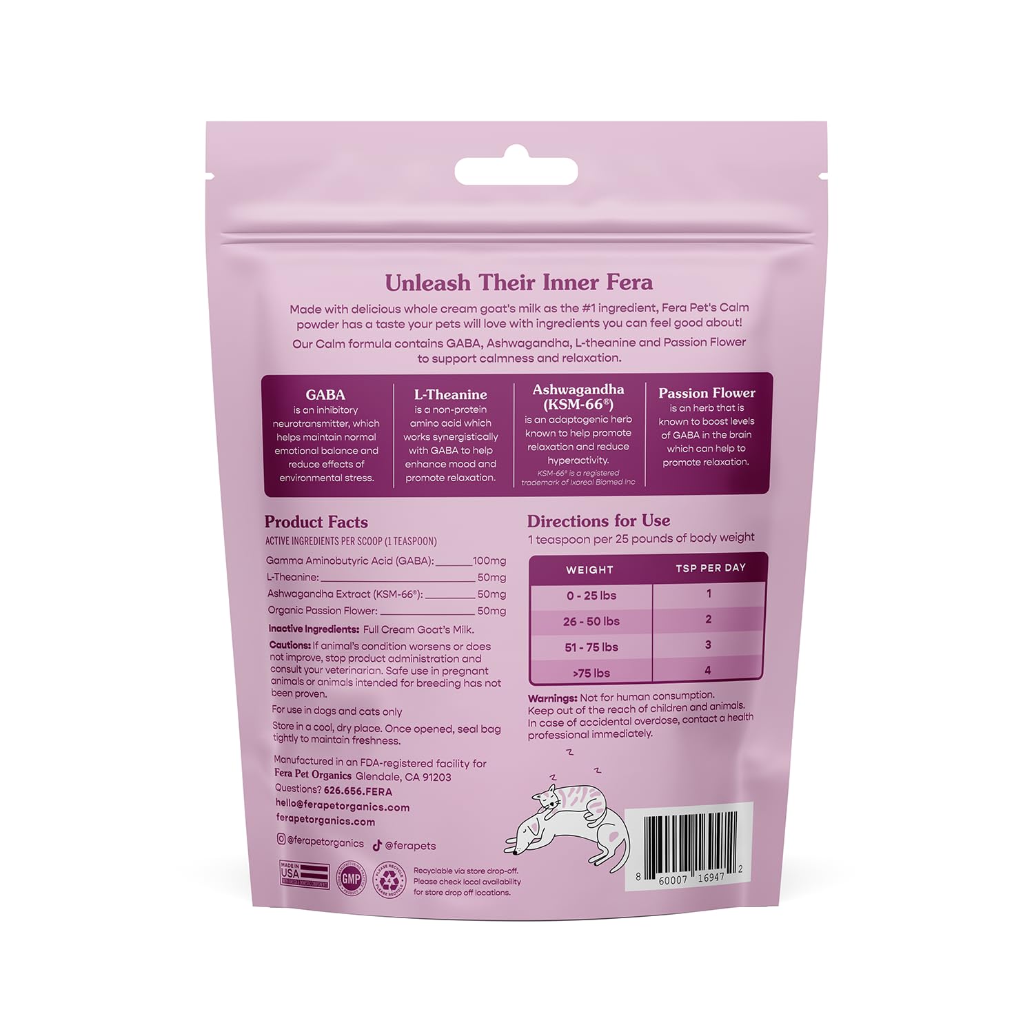Fera Pet Organics Calming Goat Milk Cat & Dog β Vet Created - Pet Anxiety, Stress & Hyperactivity - Ashwagandha Supplement with GABA-60 Servings