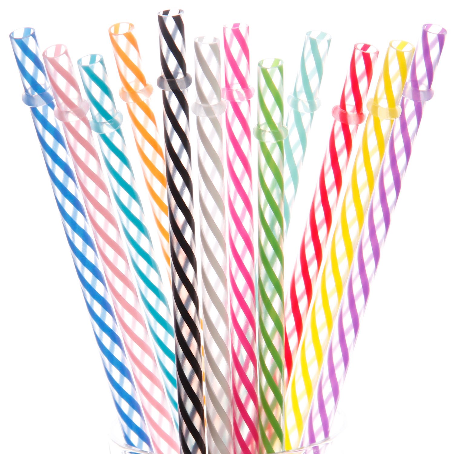 Dakoufish 12 Piece 13 Inch Reusable Plastic Thick Drinking Straws BPA Free Mason Jar Straws Transparent Small Stripe (13inch, Mix 12color)