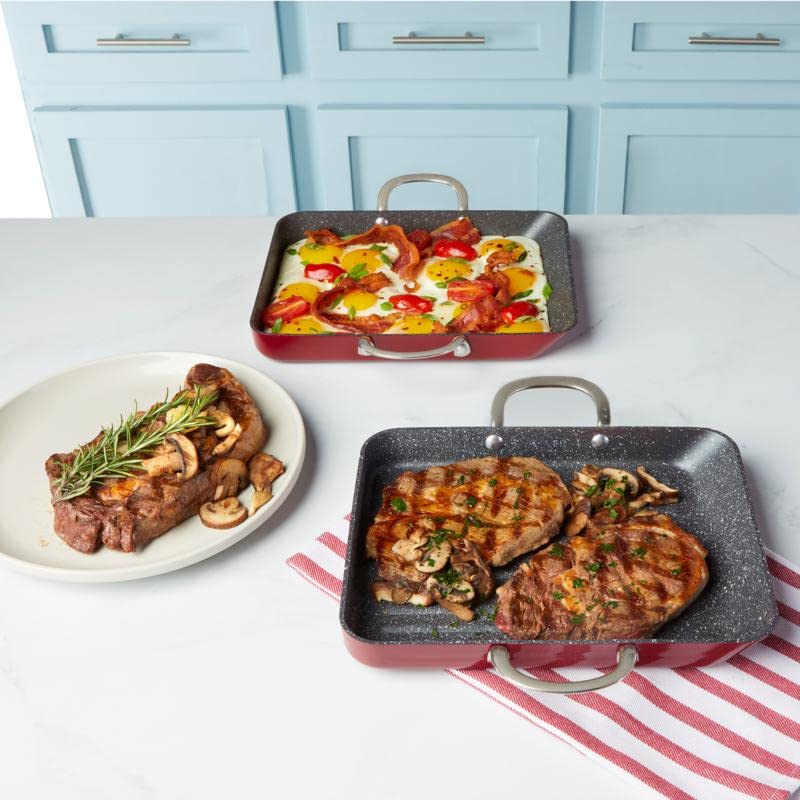 Curtis Stone Grill & Griddle Slide-Out Pans - Red, 11.28''L x 8.66''W x 2.04''H; 10.98'' Diameter