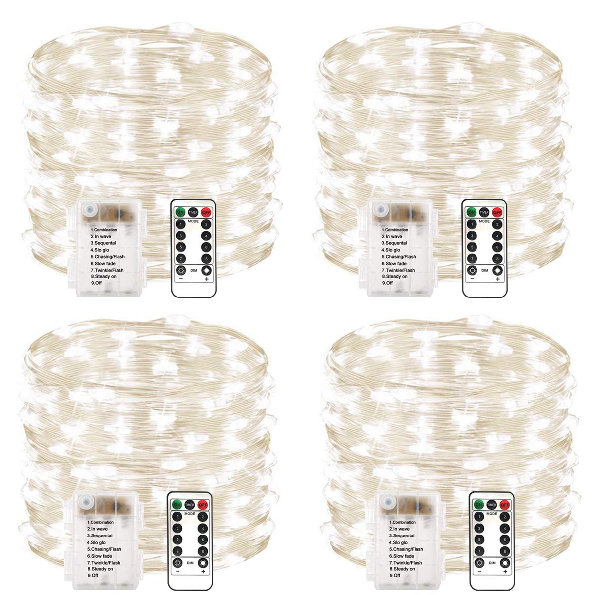 Chinety Fairy Lights Battery Operated 16ft 50 LED 4 Pack Christmas String Lights, Waterproof 8 Modes Copper Wire Lights with Remote Timer Twinkle Starry String Lights for Bedroom Christmas Party Decor
