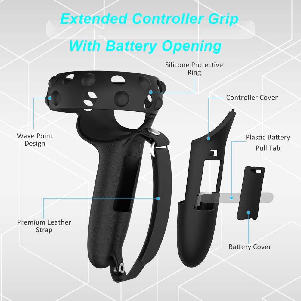Compatible with Oculus Quest 2 Accessories | Lengthening Controller Grip Cover with Battery Opening | VR Shell Cover | Silicone face Cover | Protective Lens Cover (Black)