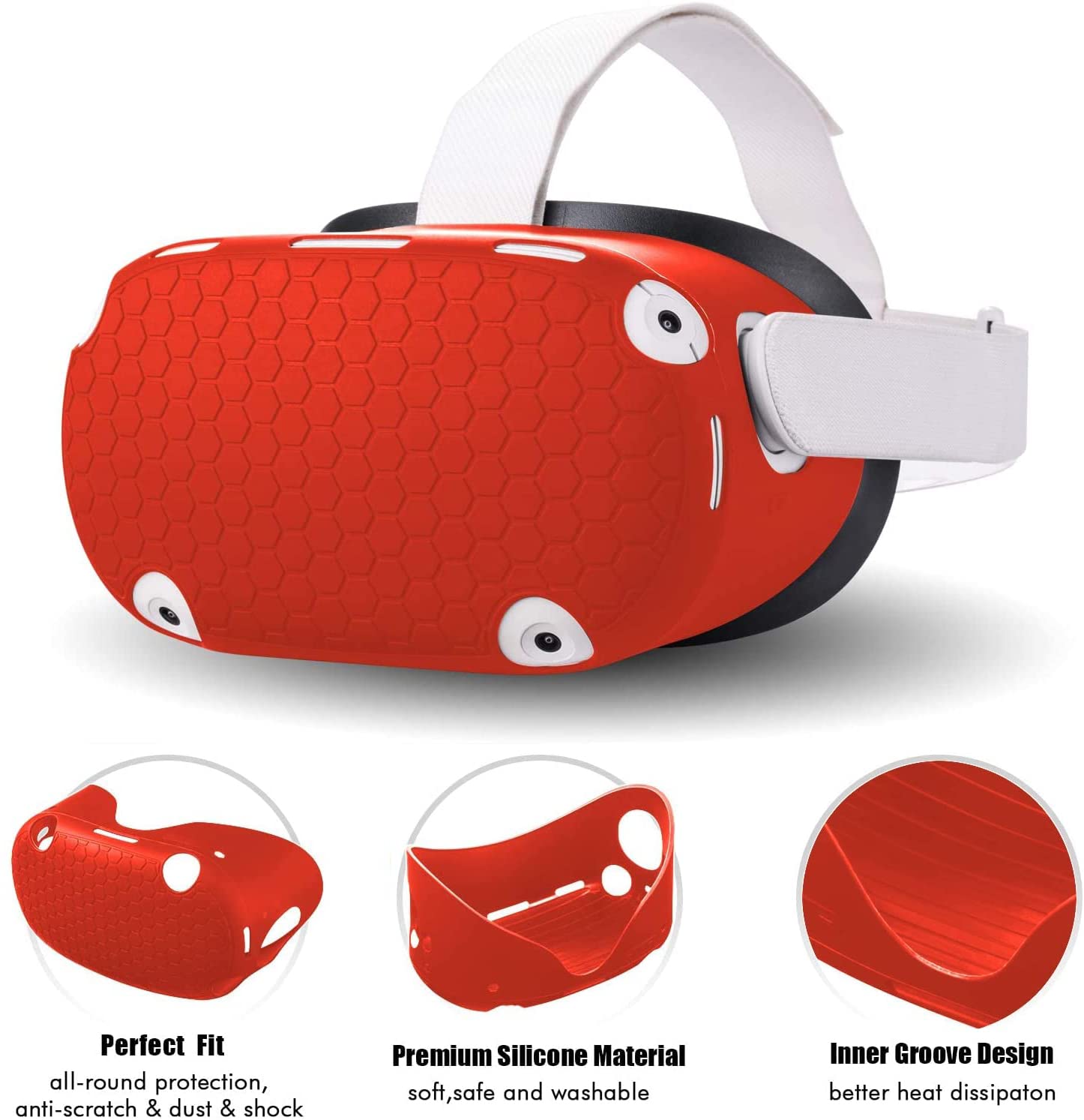 Compatible with Oculus Quest 2 Accessories | Lengthening Controller Grip Cover with Battery Opening | VR Shell Cover | Silicone face Cover | Protective Lens Cover (Red)