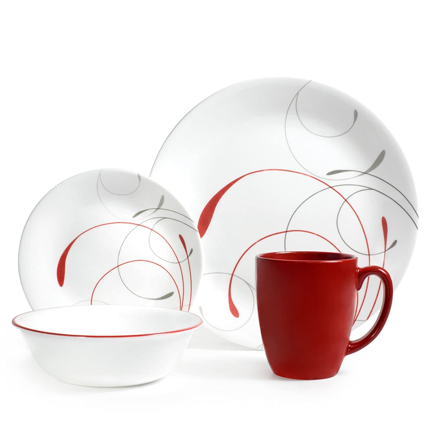 Corelle "Splendor Chip and Break Resistant Dinner Set, Glass, Red/Grey, Set of 16