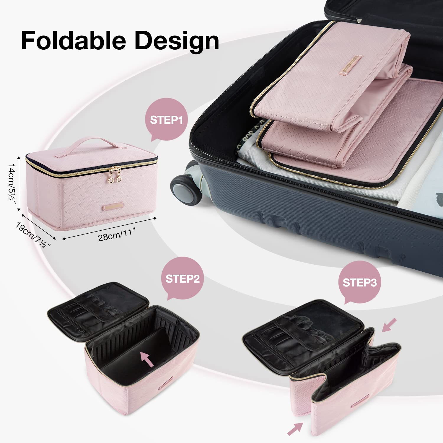 LIGHT FLIGHT Large Makeup Case, Travel Makeup Bag Cosmetic Case Organizer Portable Storage Bag with Adjustable Dividers for Cosmetics Makeup Brushes Toiletry Digital Accessories (Medium, Pink)