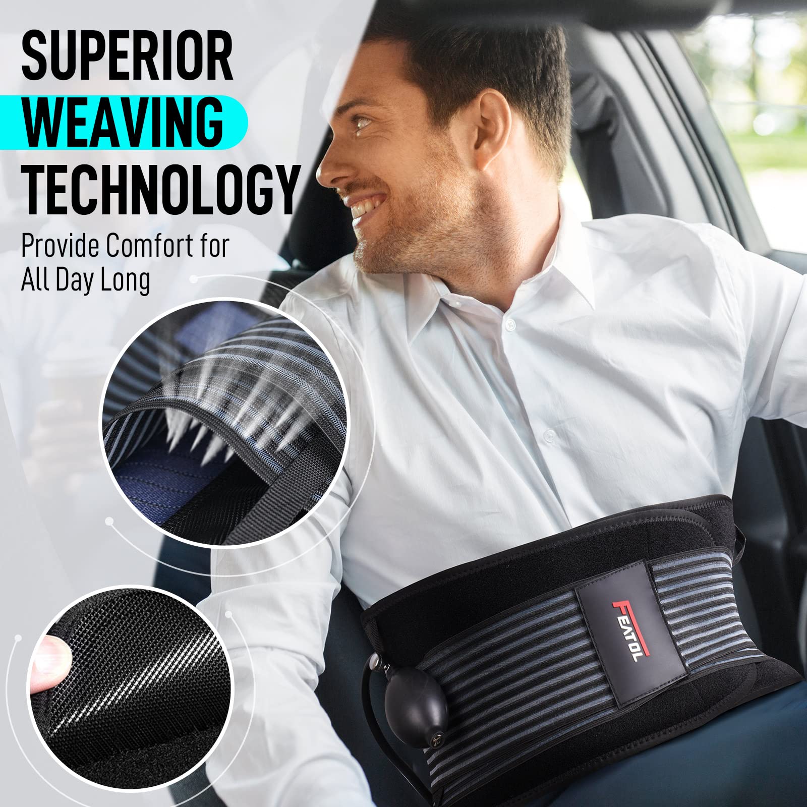 FEATOL Back Brace with Inflatable Pad for Men Women Lower Back Pain Relief, Heavy Lifting,Scoliosis and Herniated Disc Breathable Back Support Belt L/XL fits 29"-37β