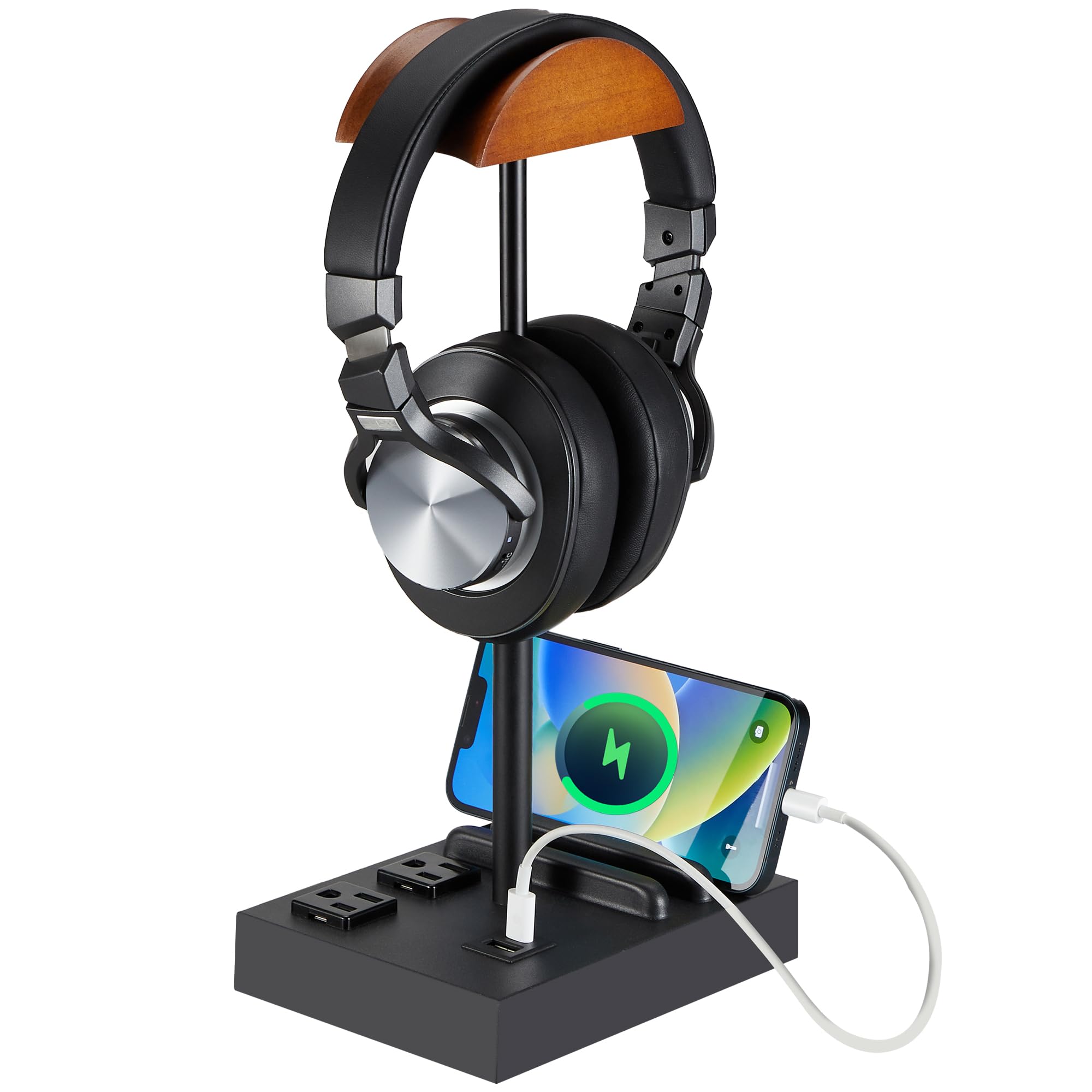 CASTLELIFE Headphone Stand Desktop Gaming Headset Holder with 2 AC Outlets and USB C&A Ports, Charging Station&Phone Stands, Height Adjustable Wood Earphone Table Game Accessories for Desktop Gamer