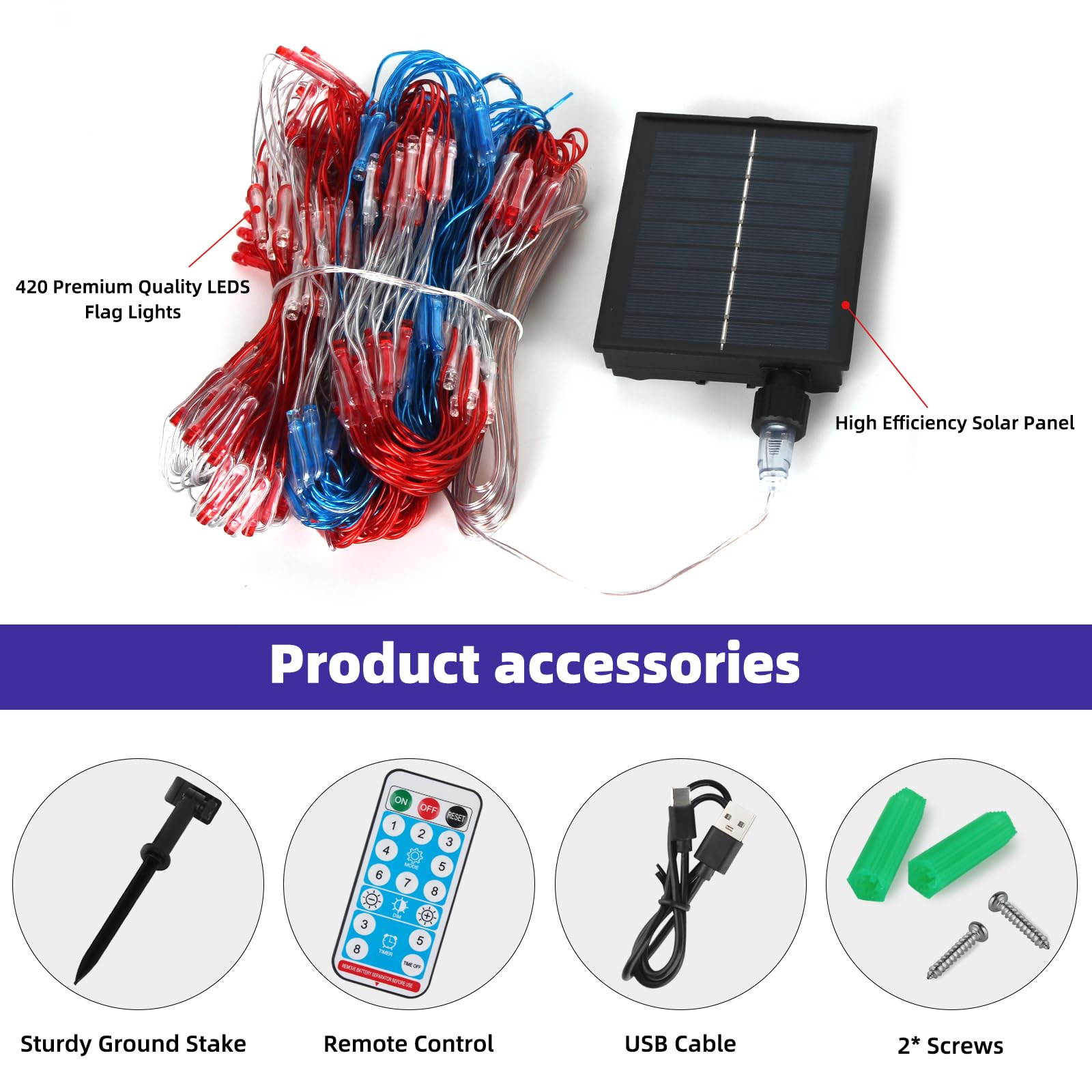 MZD8391 Solar American US Flag Lights [Solar & USB 2 Power Way], 420 LEDs Waterproof USA Net Lights, 6.75 FT x 3.53 for Garden, 4th of July, Independence Day Decoration