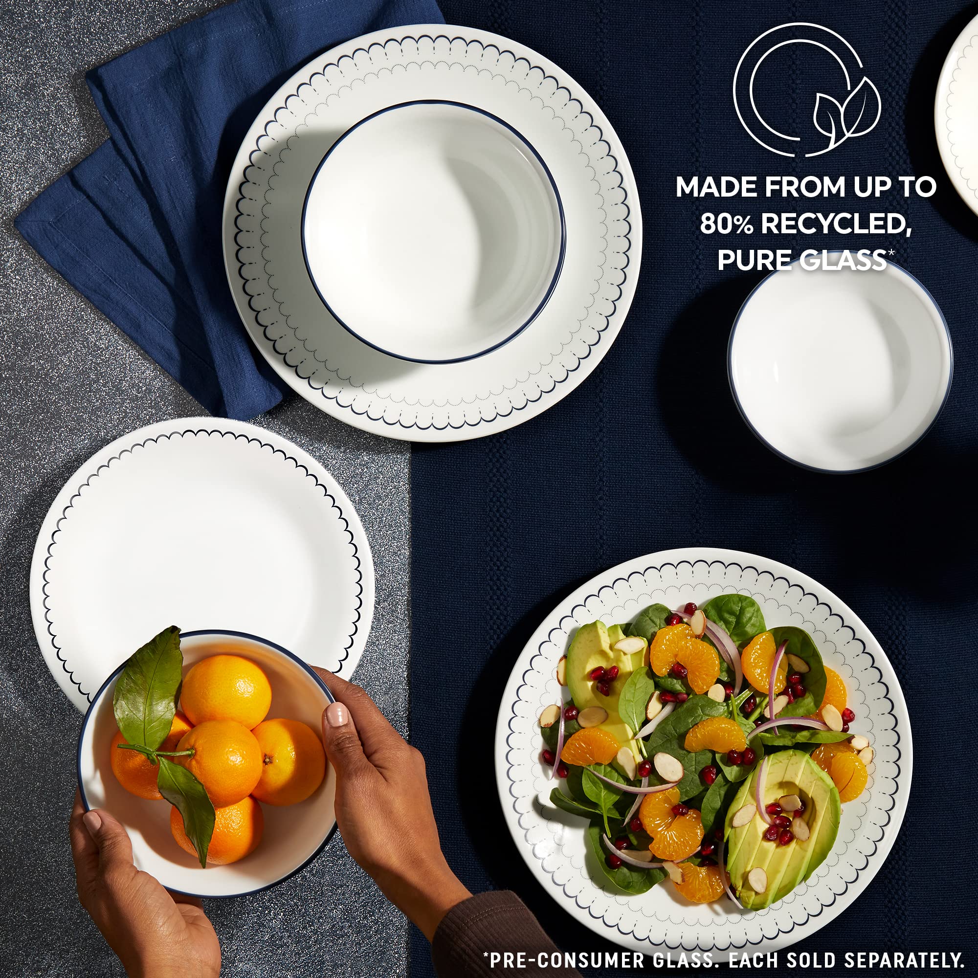 Corelle 6-Piece 8.5" Lunch Round Plates, Vitrelle Triple Layer Glass, Lightweight Round Plates, Salad Plates, Chip and Scratch Resistant, Microwave and Dishwasher Safe, Caspian, Medium, Portofino