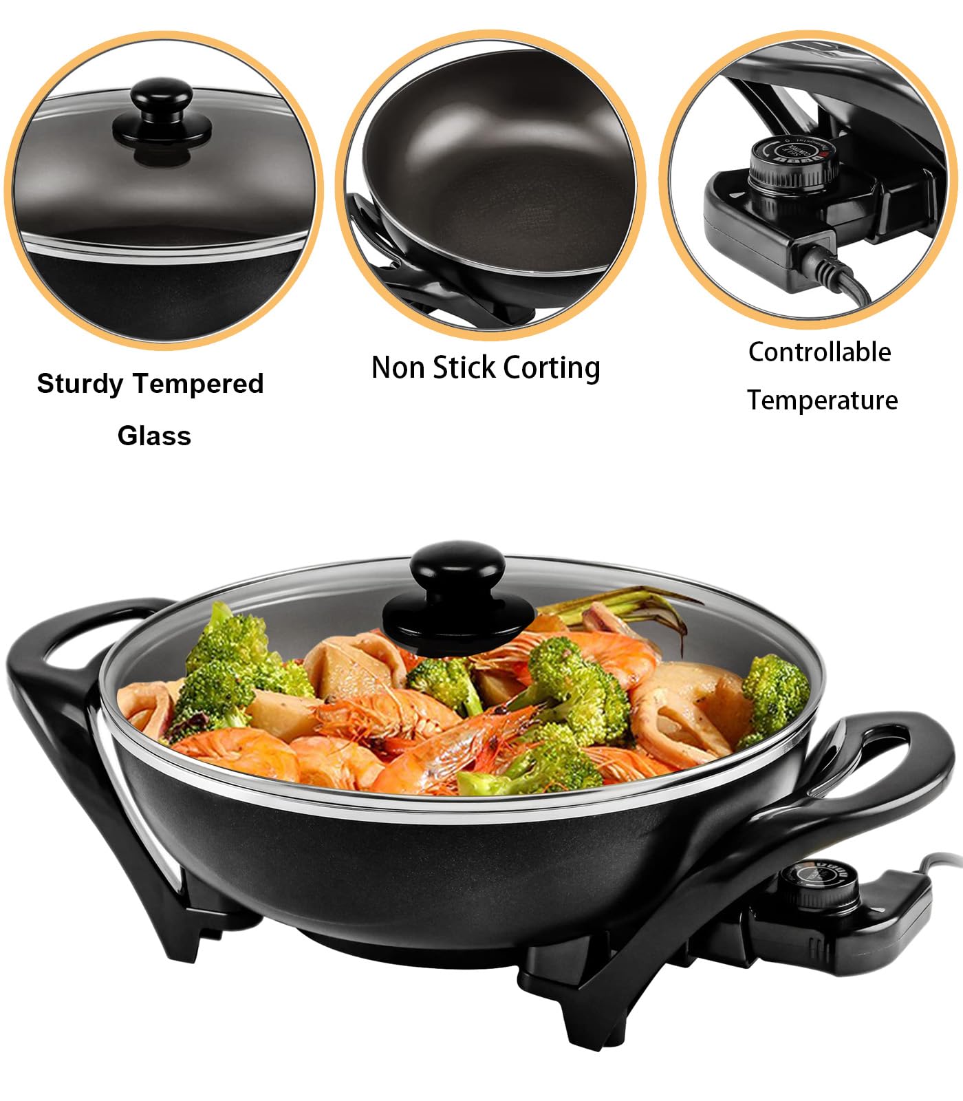 Electric Wok With Lid Nonstick - Electric Skillet Serves For 6 People, Portable Countertop Cooking Wok, 5-Dial Temperature Control, 13inch, Black