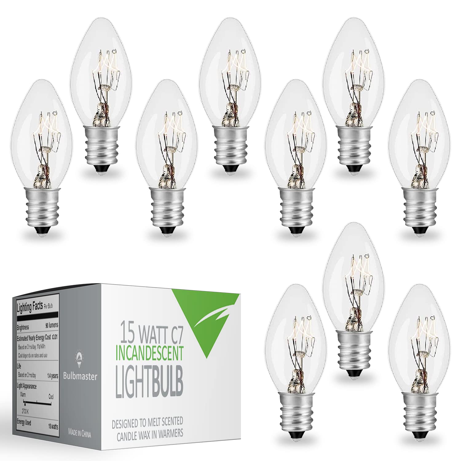 Bulbmaster 15 Watts C7 Replacement Light Bulbs for Scentsy Plug-in Warmers and Wax Diffusers, Candelabra E12 Base Pack of 10
