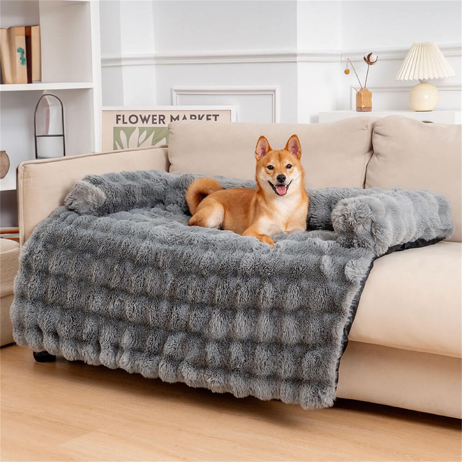 FUNNYFUZZY Calming Dog Bed, Fluffy Fuzzy Dog Mat for Sofa Protector with Removable Washable Cover for Dogs and Cats (Grey,47.24 * 37.4 * 6.3 in)