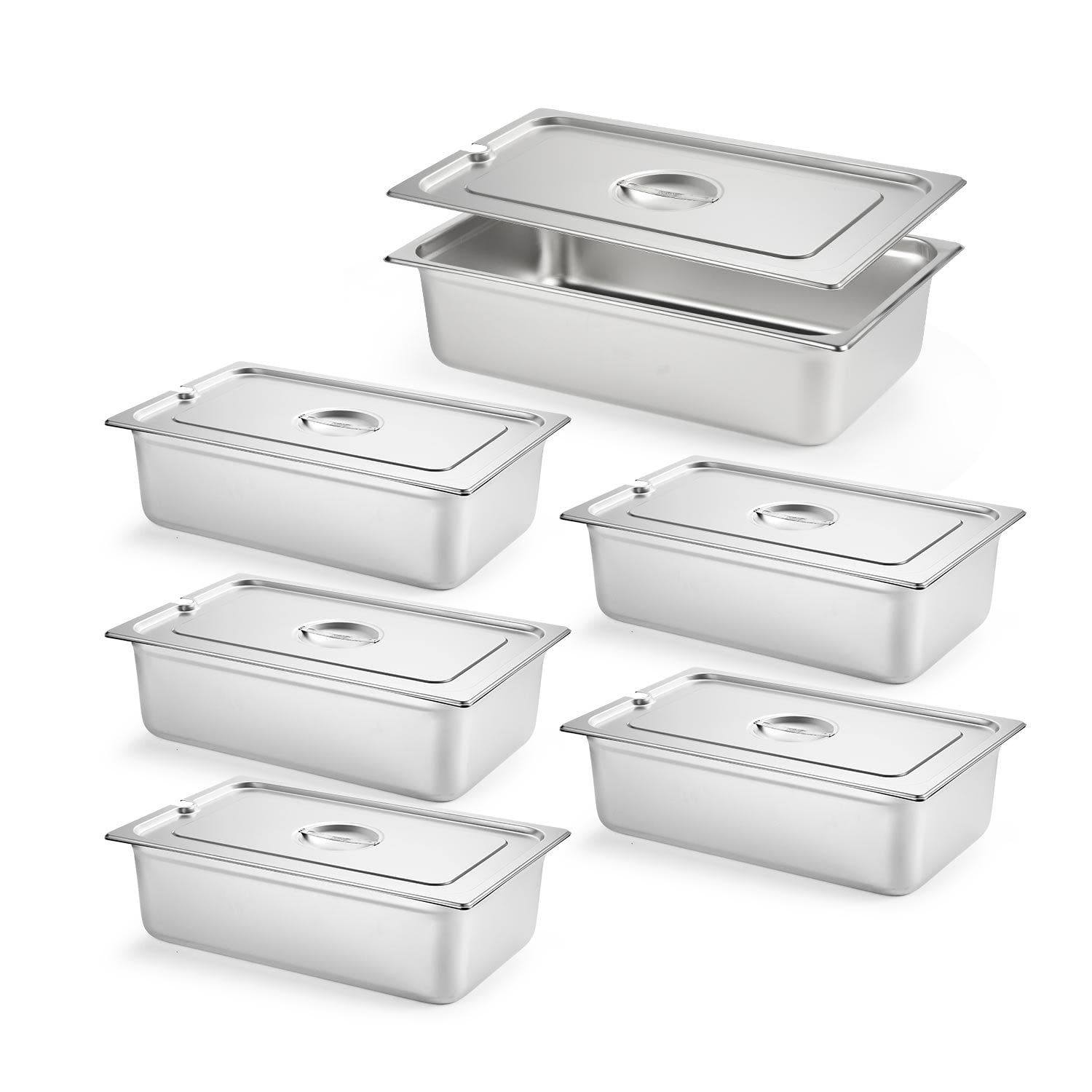 CURTA 6 Pack Anti-Jam Slotted Hotel Pans with Lids, Full Size 6 Inch Deep, NSF Commercial 18/8 Stainless Steel Chafing Steam Table Food Pan with Covers