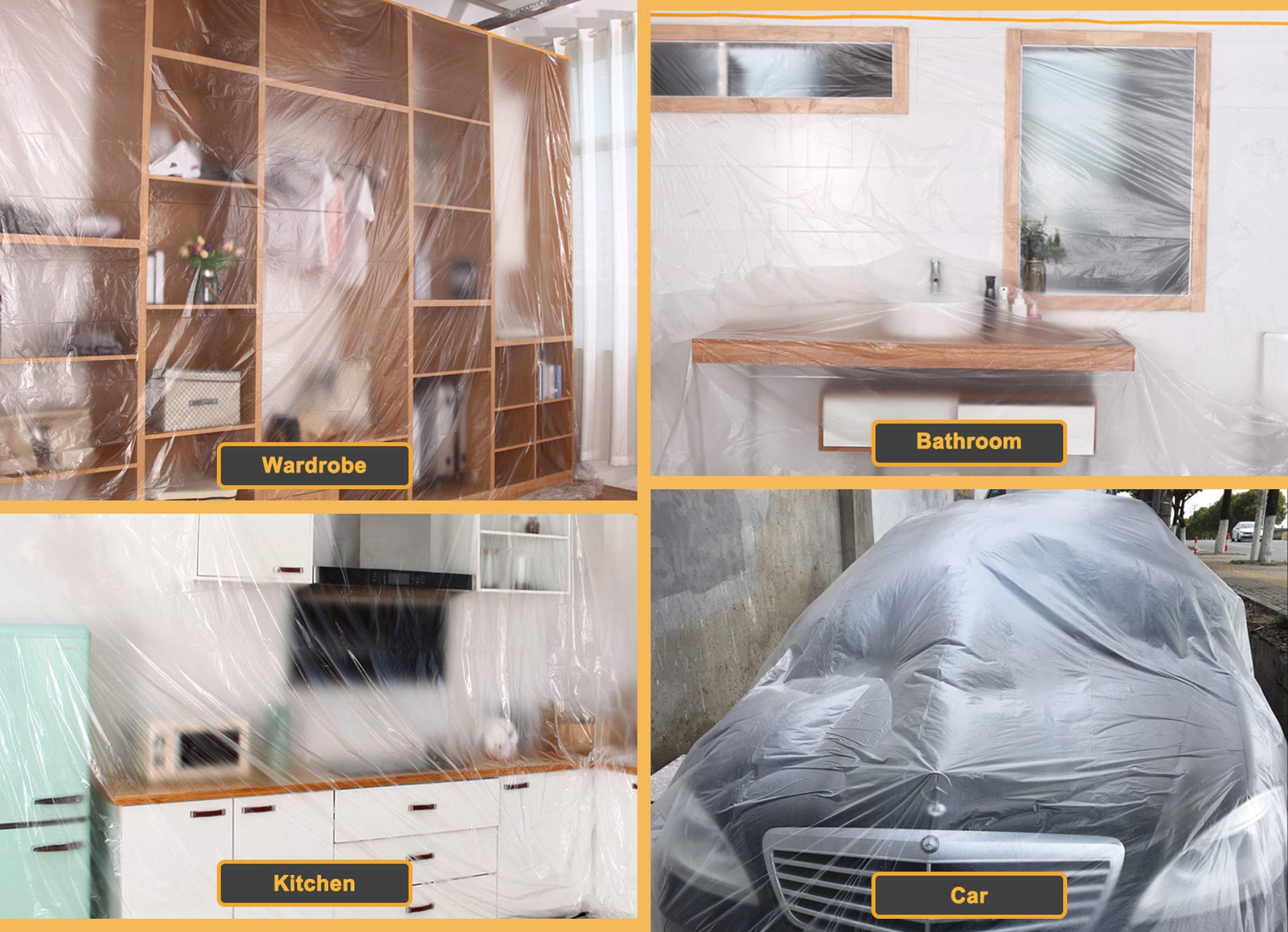 Muf 9 x 65 Feet Plastic Drop Cloth Plastic Sheeting with Masking Tape,Waterproof Protective Masking Film,Prevent Dust Paint for Car,Furniture,Carpet,Floor,1 Pack