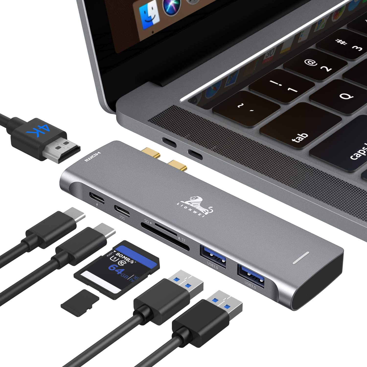 LIONWIE 6 in 1 USB C to Dual HDMI Hub Adapter, 7 in 2 USB C Hub Adapter for MacBook Pro Air 2021-2016