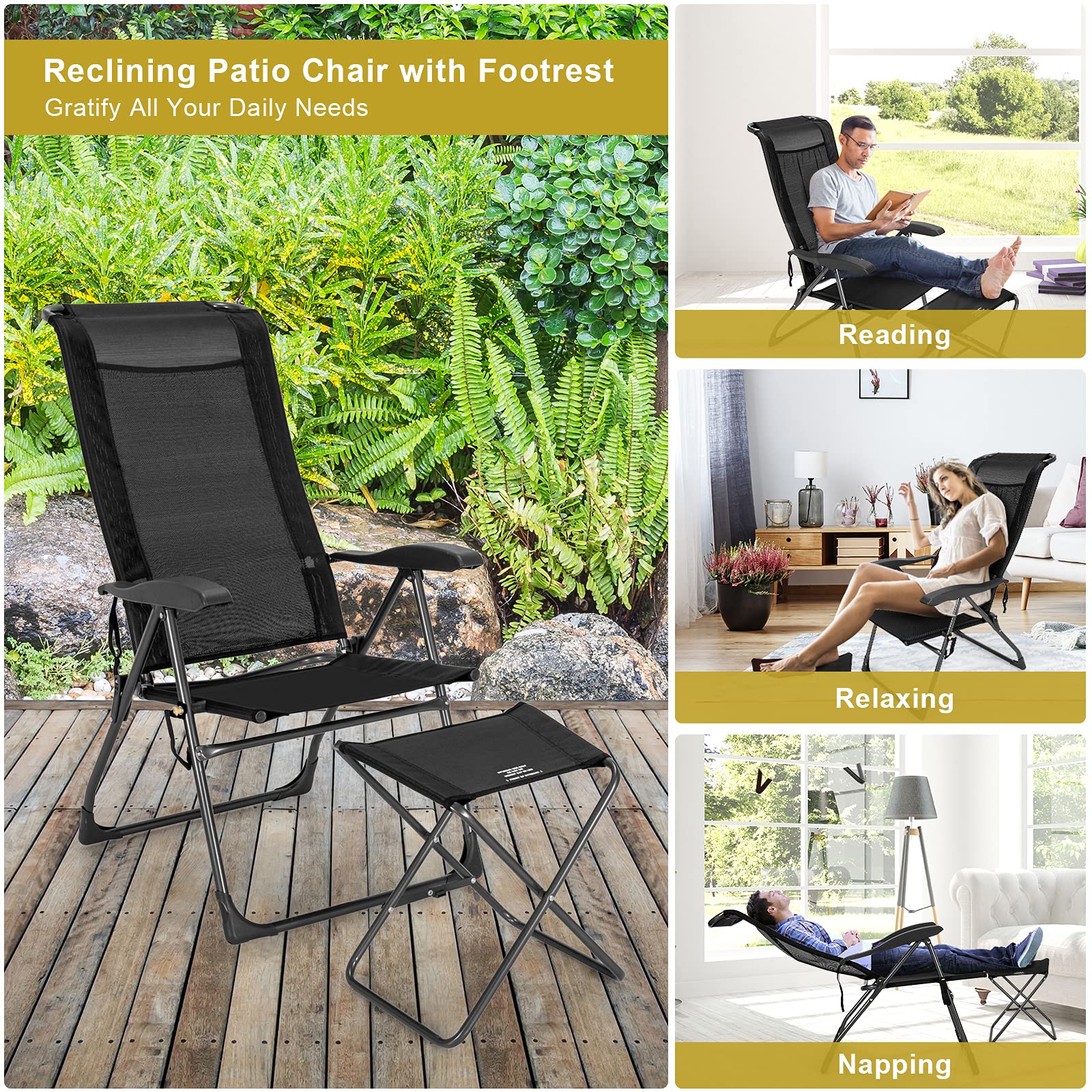Giantex 4 Pcs Folding Patio Chairs Set 2 Pack Patio Dining Chairs with Footrest Portable Sling Chairs Camping Lawn Chairs with Adjustable Back Outdoor Bistro Chairs for Porch Garden Yard Pool
