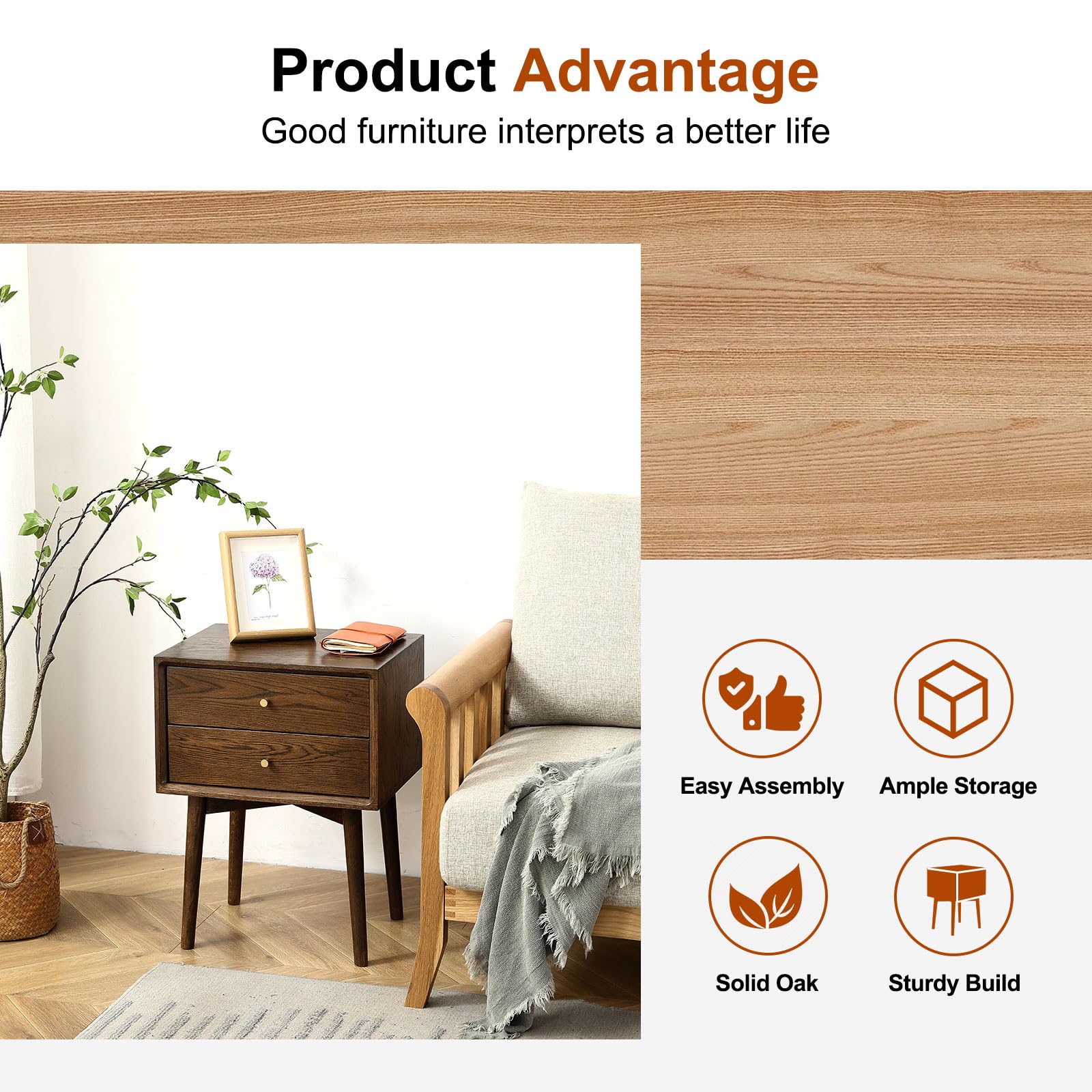 Fetuero Mid Century Modern Nightstands, Oak Bedside Table Solid Wood End Table with Drawers Real Wooden Cabinet Organizer for Bedroom, Natural Color