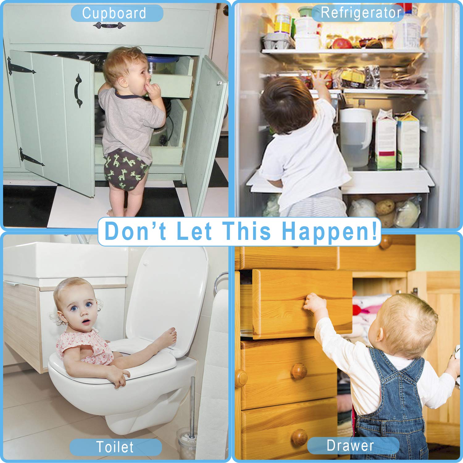 Child Proof Safety Locks[Upgraded], 6 Pack Baby Proof Cabinet Locks with Adjustable Strap/3M Adhesive, Baby Proof Double Lock System for Cabinets, Drawers, Oven, Fridge, Toilet Seat [No Drilling]