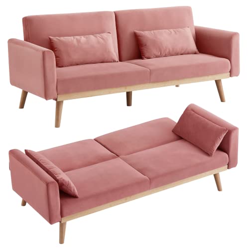 Lamerge Velvet Sleeper Couch with Pillows and Wooden Frame, Upholstered Modern Folding Futon Sofa Bed, Lounge Memory Foam Convertible Loveseat for Living Room, Home & Office (Pink)