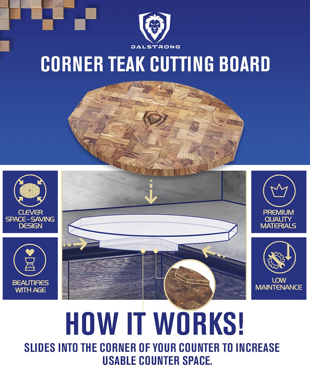 DALSTRONG Corner Counter Cutting Board - Lionswood End-Grain Teak Wood bundled with Slicing & Carving Knife - 12" - Offset Blade - Shadow Black Series