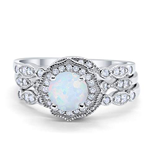 Blue Apple Co. Hao Three Piece Wedding Engagement Bridal Set Art Deco Ring Band Solid Lab White Opal 925 Sterling Silver, Size-6
