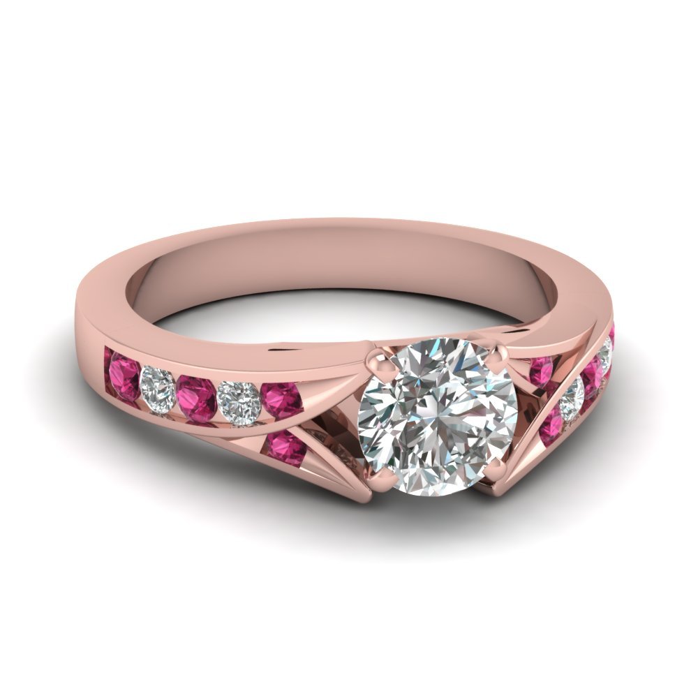CustomizedGifts Channel Set Diamond Ring rose gold plated Created Pink Sapphire Round shape Pink color Split Shank Engagement Ring channel Setting in Size 12 Handcraft Chakra Healing