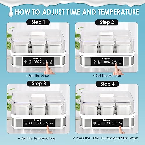 Suteck Yogurt Maker, Greek Yogurt Maker with Temperature Control & Timer, Automatic Digital Yogurt Makers with 9 Glass Jars, 2 Spoons & Recipe, Perfect for Home Organic Yogurt, Cheese/Natto Maker.