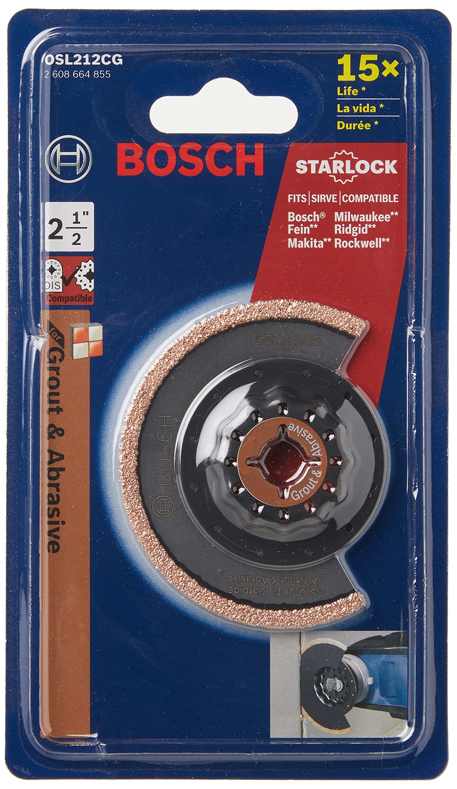 BOSCH OSL212CG 1-Piece 2-1/2 In. Starlock Oscillating Multi Tool Grout & Abrasive Carbide Grit Segmented Saw Blade for Applications in Grout Removal