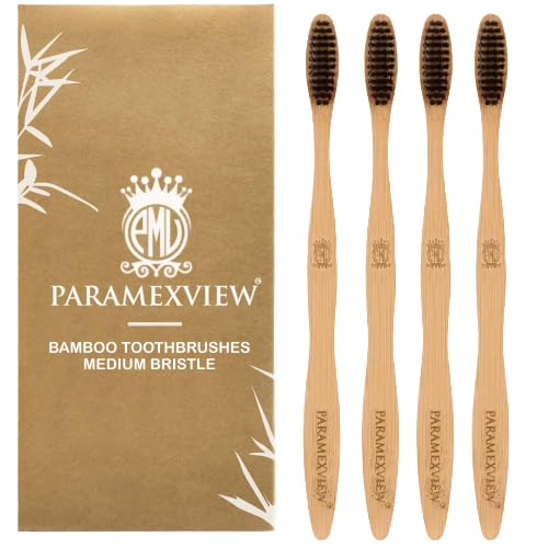 Paramexview® Moso Natural Bamboo Toothbrushes Set of 4 | BPA-Free Medium Bristles, Eco-Friendly | Biodegradable Handle, Charcoal Infused and Organic Base