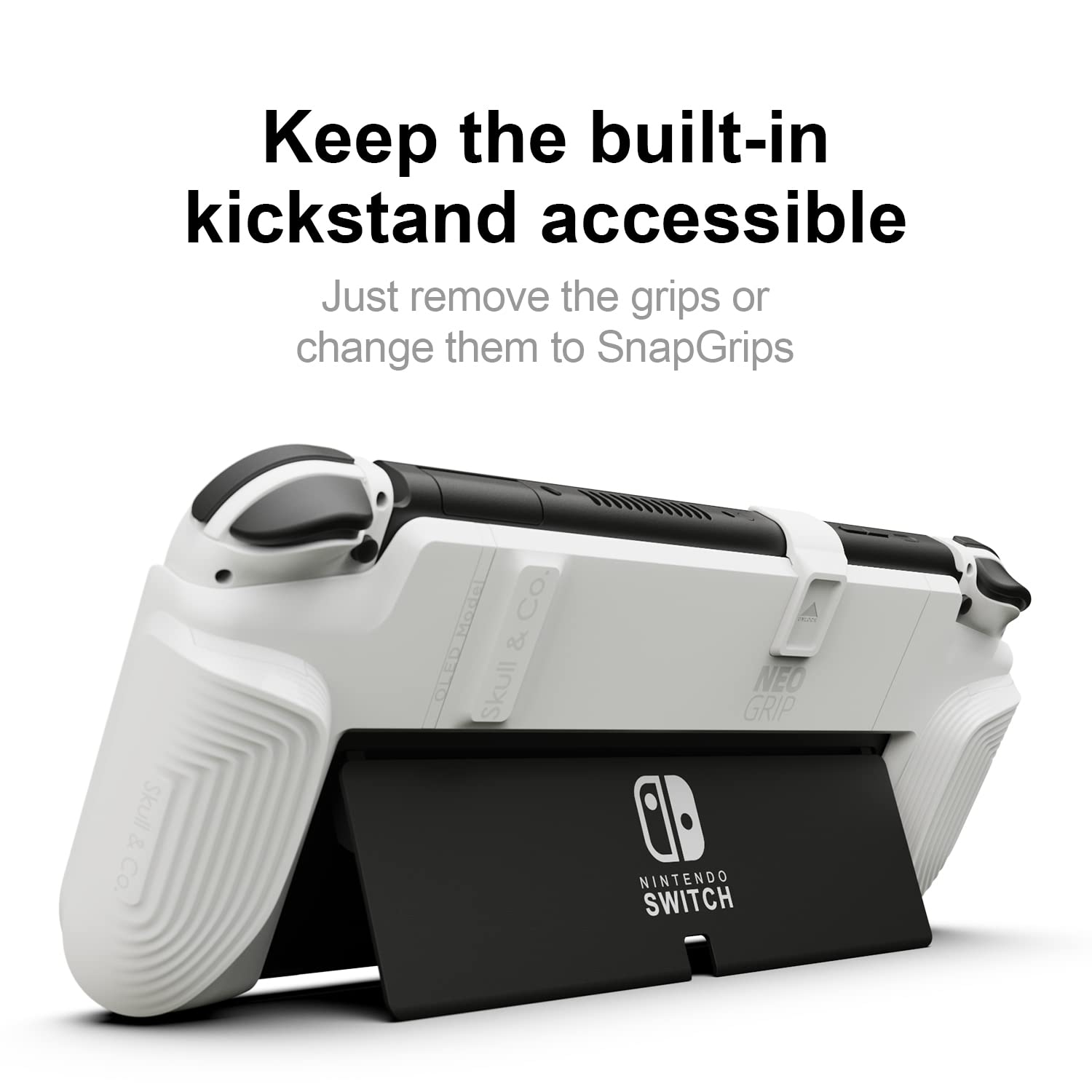Skull & Co. NeoGrip Bundle: An Ergonomic Grip Hard Shell with Replaceable Grips [to fit All Hands Sizes] for Nintendo Switch OLED and Regular Model [with Carrying Case] - Neon Blue(L)+Neon Red(R)