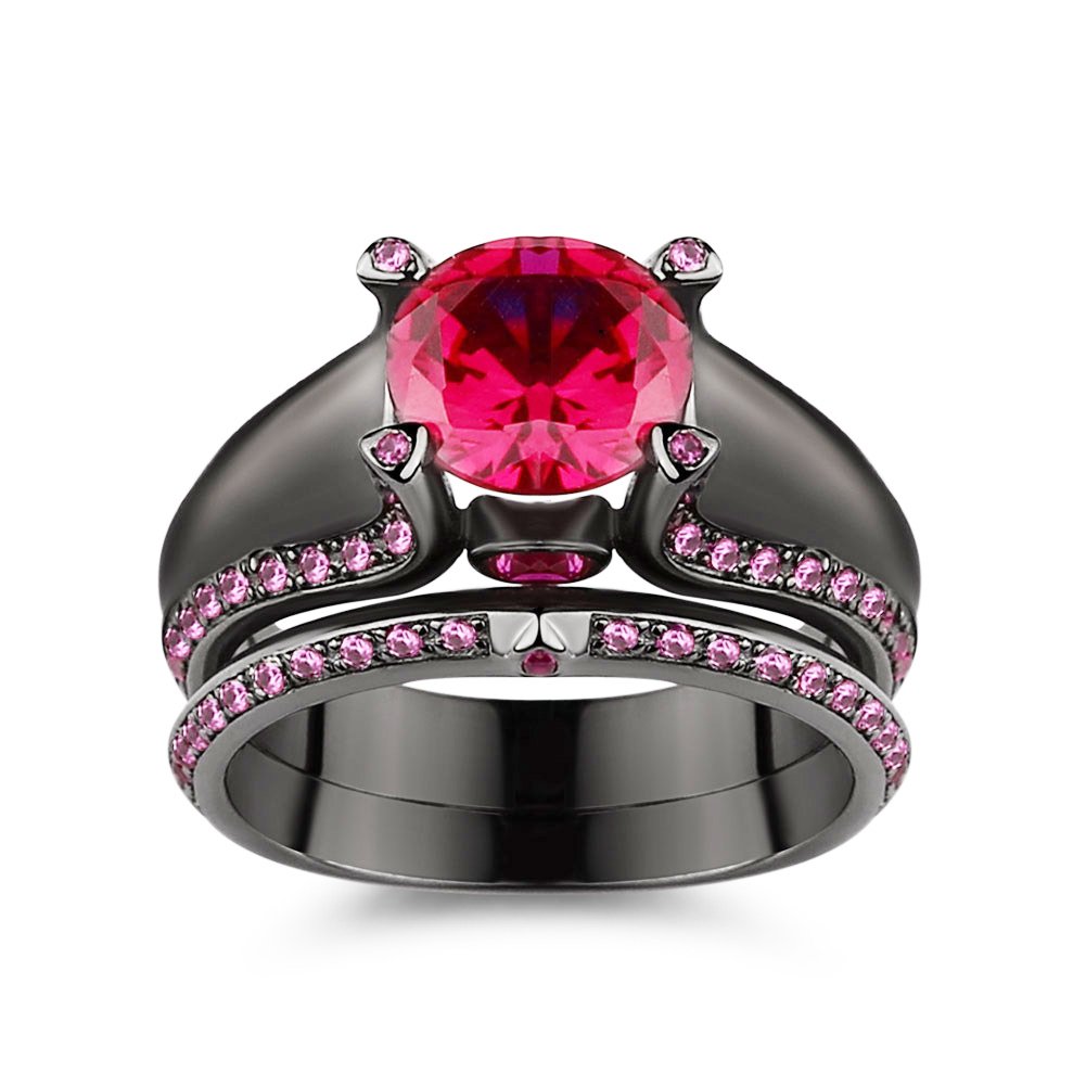 Castillna Black Rhodium Plated 925 Sterling Silver Created Pink Sapphire Engagement Wedding Ring Set