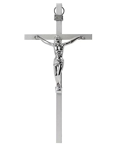 SWIMERY Crucifix Wall Cross,Silver Metal Slender Catholic Crosses for Room Decor, Cross (Hanging or Standing)-10Inch 10 x 5.1 x 0.7 inches