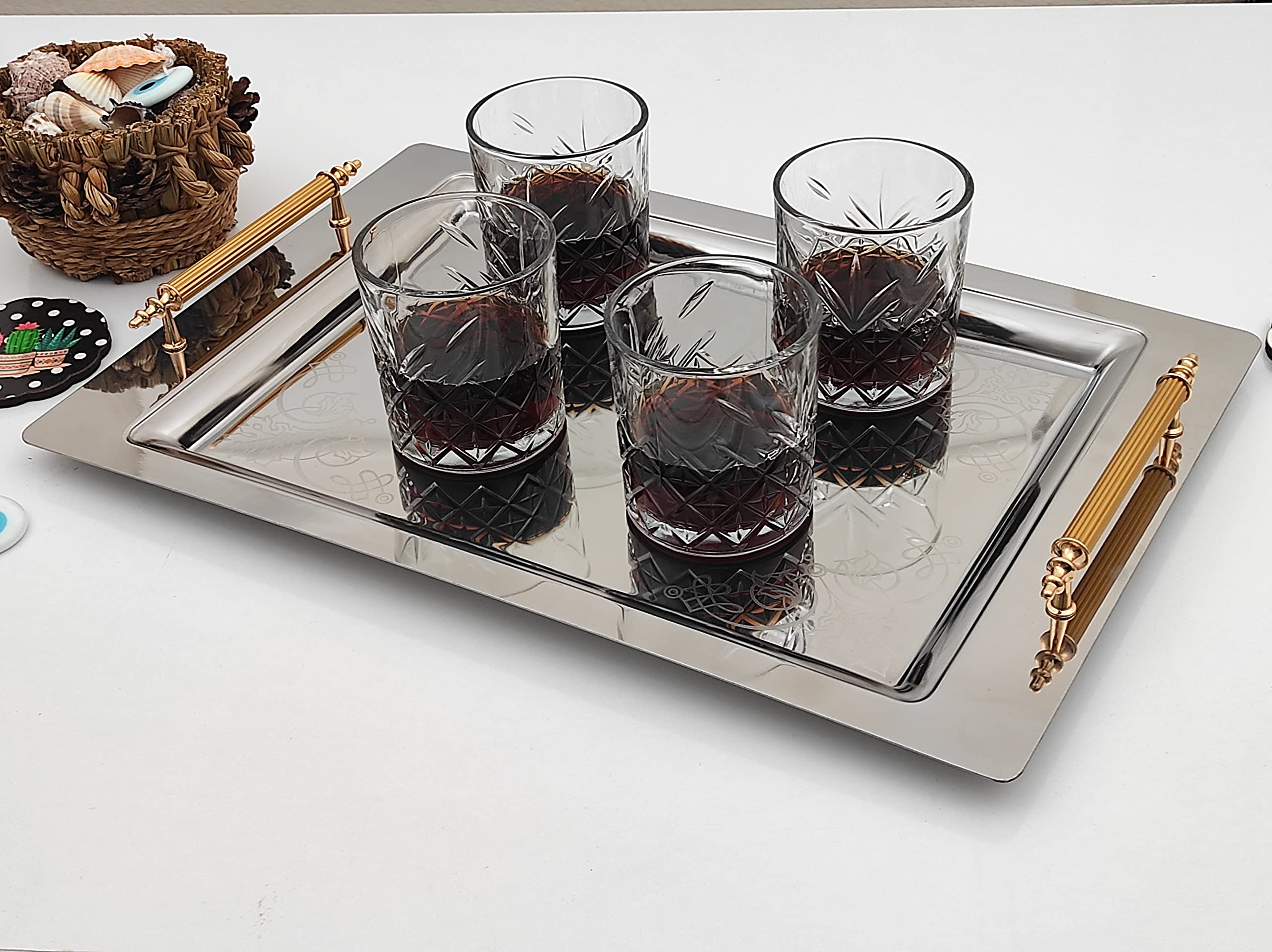 Candymosa Silver Serving Tray with Handles (18βx12β) - Stainless Steel Serving Tray for Drinks and Food - Silver Tray Decorative - Ideal as a Coffee Tray, Bar Tray, Silver Platter or Turkish Tray