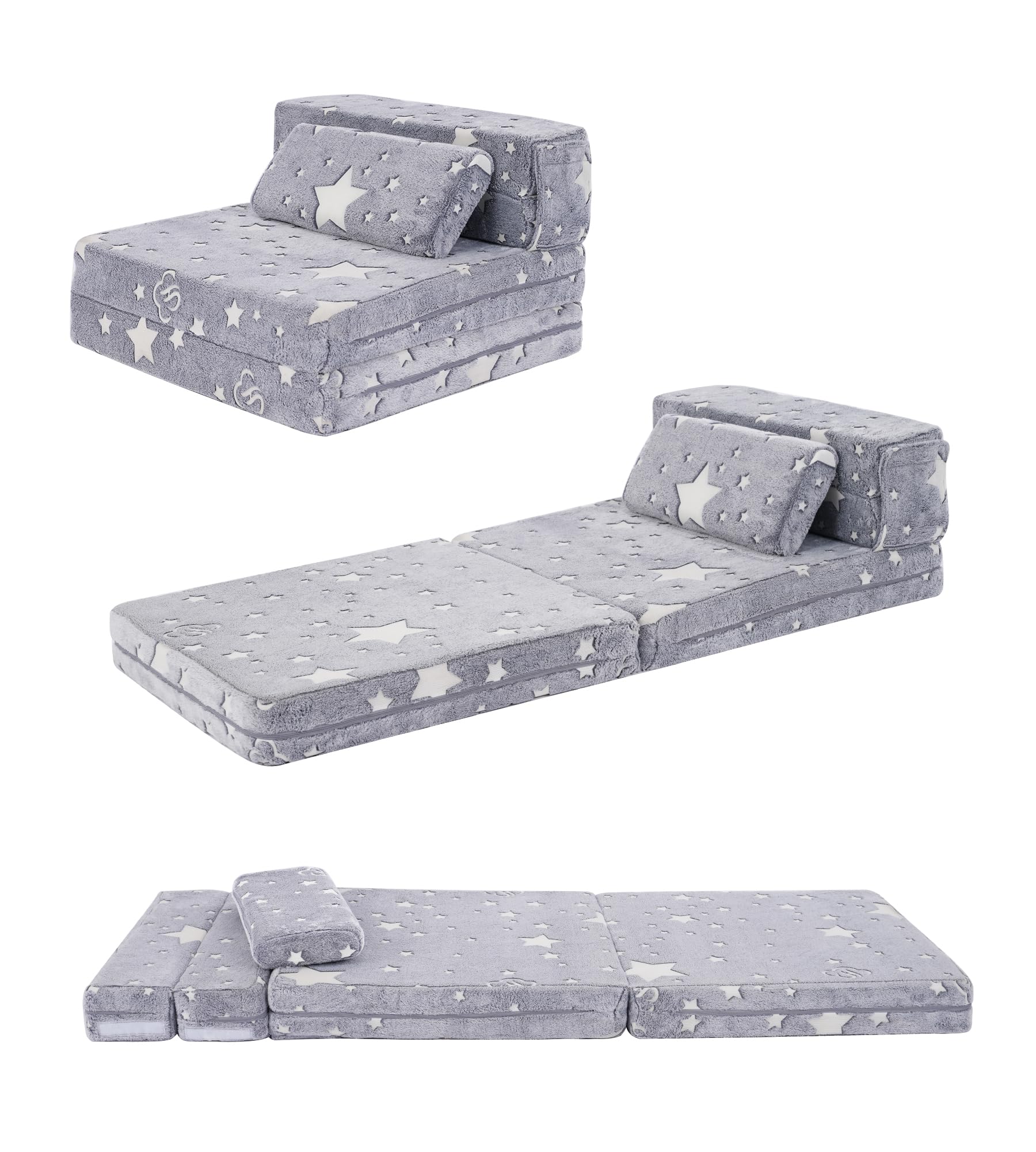 Elftopia 3-in-1 Folding Sofa Bed for Kids,Tri Folding Floor Toddlerâs Mattress Fold up Sofa Bed,Child Foldable Futon Mattress,Folding Couch for Kids,Glow in Dark-Stars