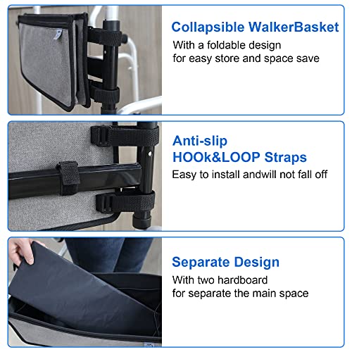 MDSTOP Walker Basket, Walker Bag Water Cup Holder, Foldable Walker Attachment Hands-Free Storage Bag for Elderly, Senior, Large Capacity with Zippered Phone Pocket (Not Fit Rollator Walkers) (Grey)