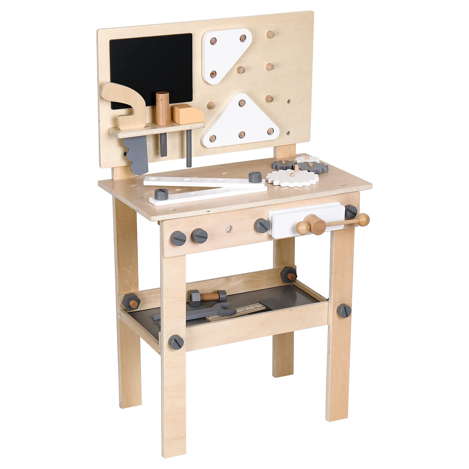 WONKAWOO Wooden Workbench with Blackboard Tool Playset for Kids and Toddlers Construction Bench Set Educational Building Toy Gift for Boys Girls