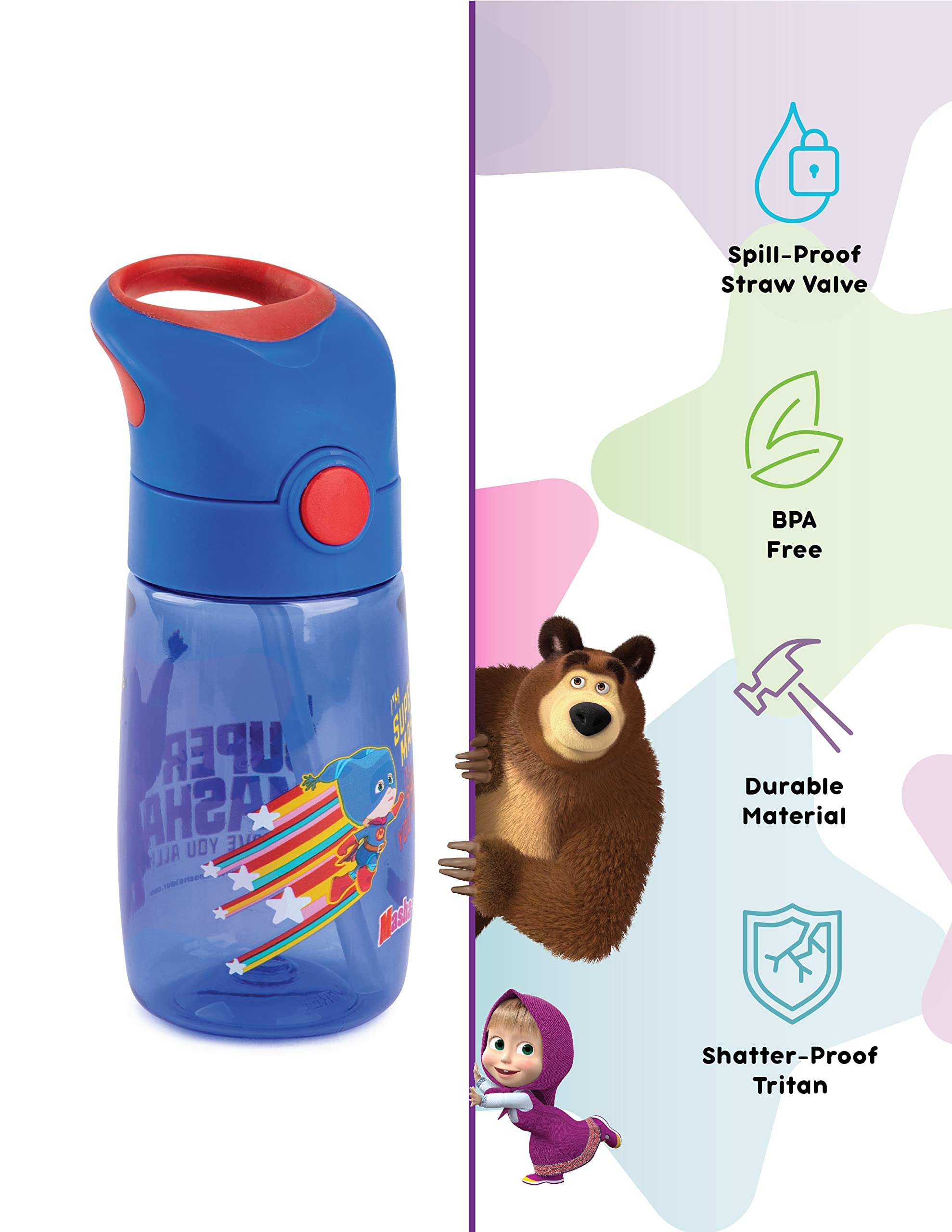 Masha and the Bear 14oz Kids Water Bottle With Straw - Spill Proof Straw Valve, Pop Button, BPA Free Water Bottle for Kids School - Featuring Soft Silicone Handle Grip - Children's Drinkware - Blue