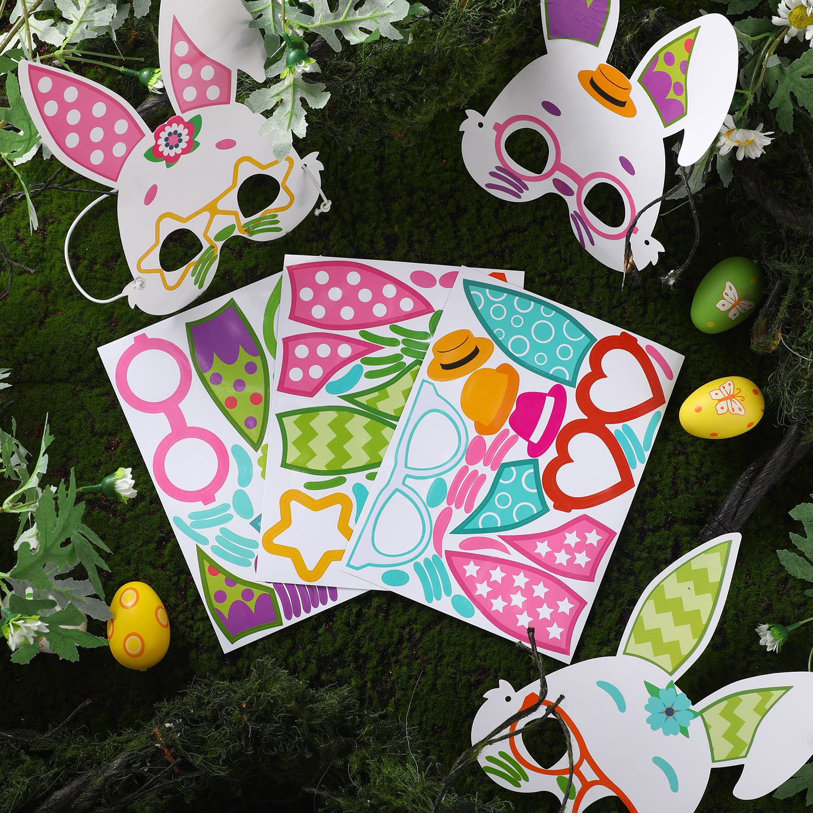 Spakon 60 Pieces Easter Bunny Mask Craft Kits Novelty Easter Rabbits Craft Kits Personalized Bunny Characters for Kids Fun Home Activities DIY Arts Craft Self Adhesive