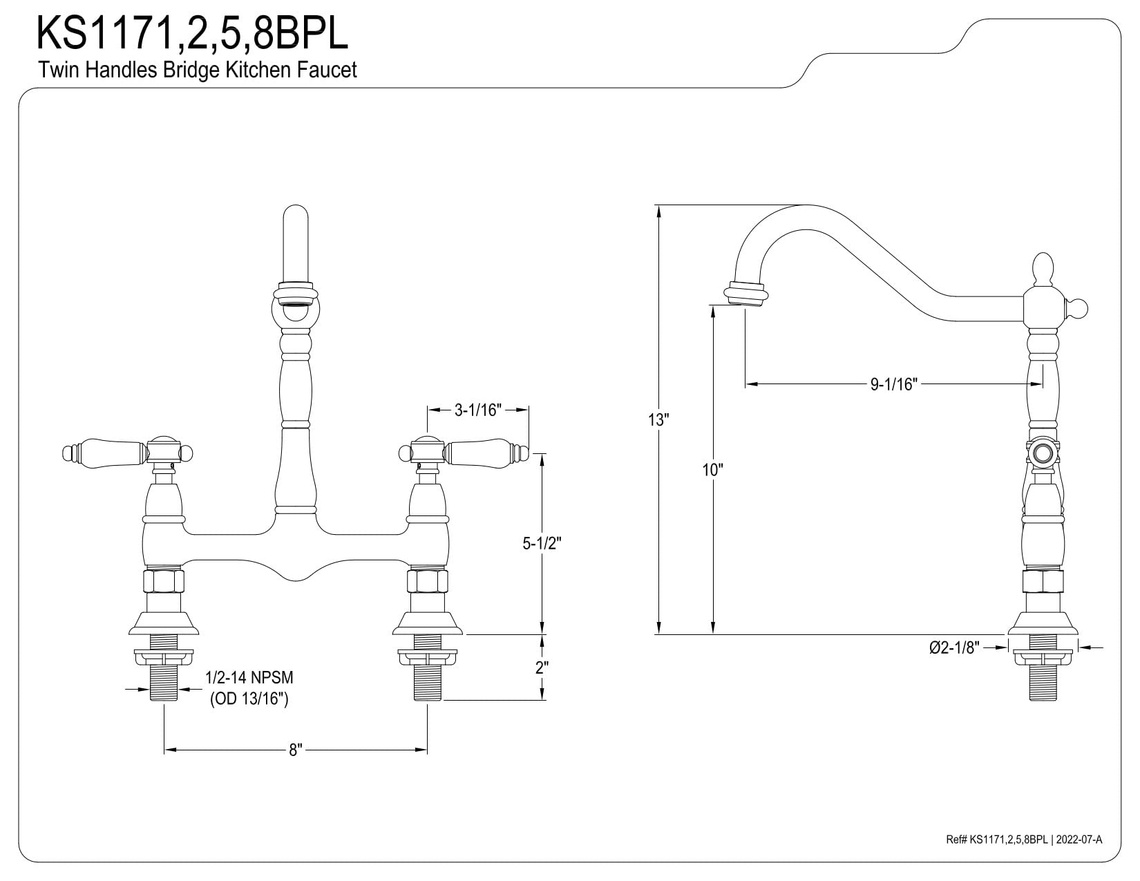 Kingston Brass KS1171BPL Bel-Air Bridge Kitchen Faucet, 8-3/4" In Spout Reach, Polished Chrome