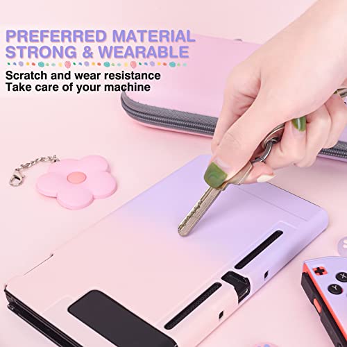 DLseego Pink and Purple Switch Case Set Gradient Carrying Case with 10 Slots Cute Protective Dockable Hard Shell with 4PCS Glitter Cat Paw Thumb Grips Caps and 1PC Flower Blossom Chain For Switch 2017