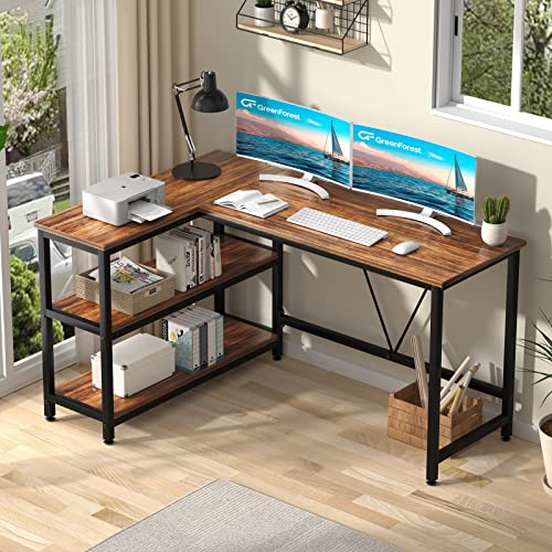GreenForest L Shaped Desk 55x39.4 inch Large Reversible Corner Gaming Computer Desk with Storage Shelves for Home Office PC Workstation Laptop Table, Walnut